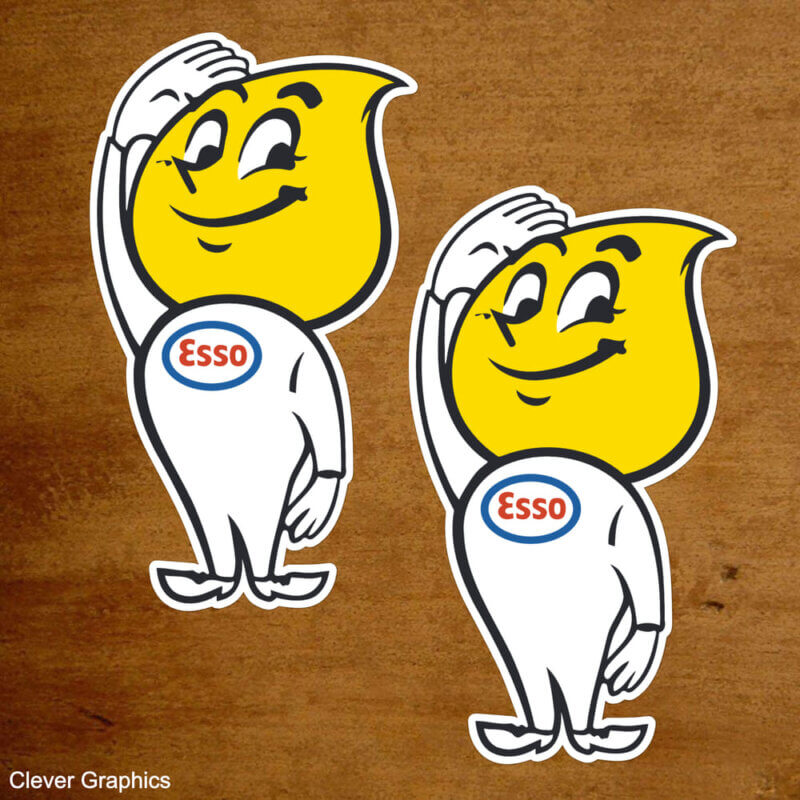 Esso Oil Drop Man Salute Stickers, Pair of classic Esso stickers.